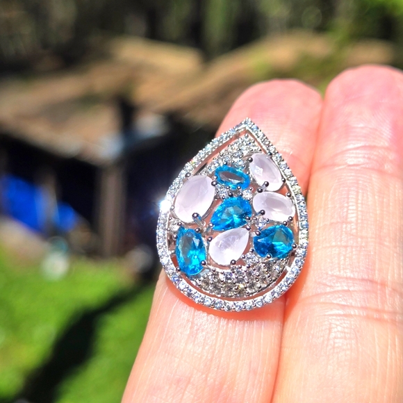 Natural Kharma by Avelon | Jewelry | Pink Chalcedon Blue White Topaz Water Drop Ring Sz65 | Poshmark